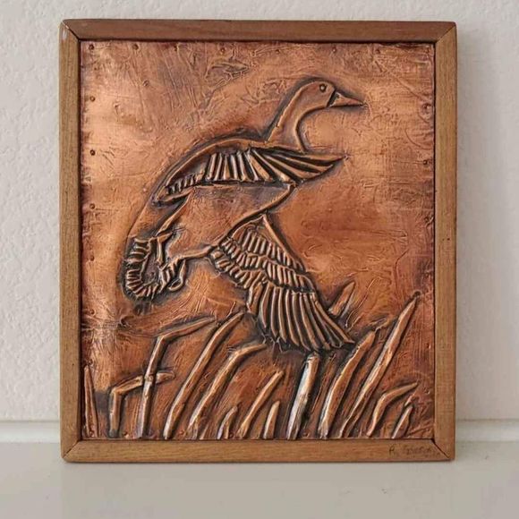 Art | Vintage 1987 Wood Framed Emobossed Beautiful Etched Copper Duck ...